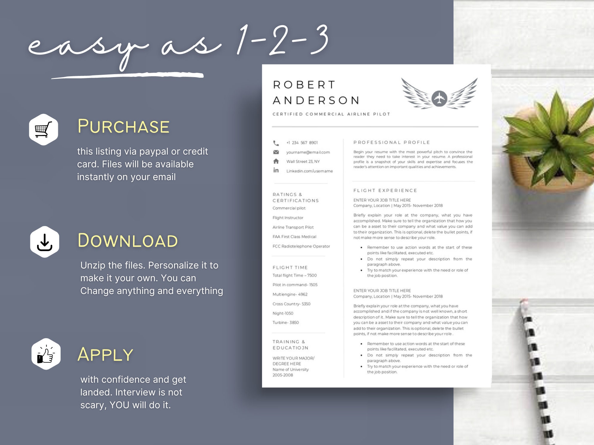 Pilot Resume Template for Aviation, Flight Attendant Crew Pilot ...