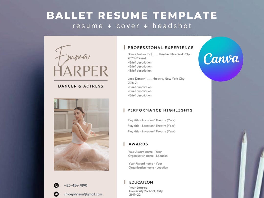 Ballet Resume Template Canva Ballerina Audition Theatre Resume Template ...