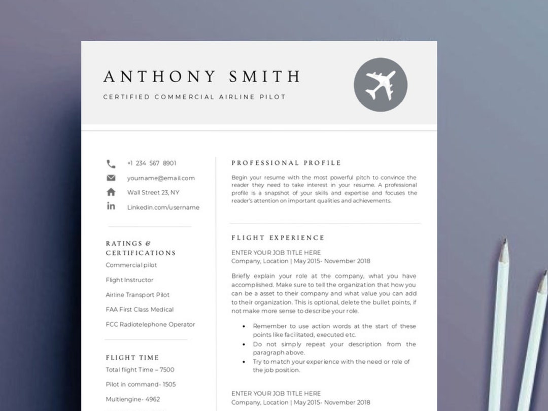 Pilot Resume Template for Aviation, Flight Attendant Crew Pilot ...
