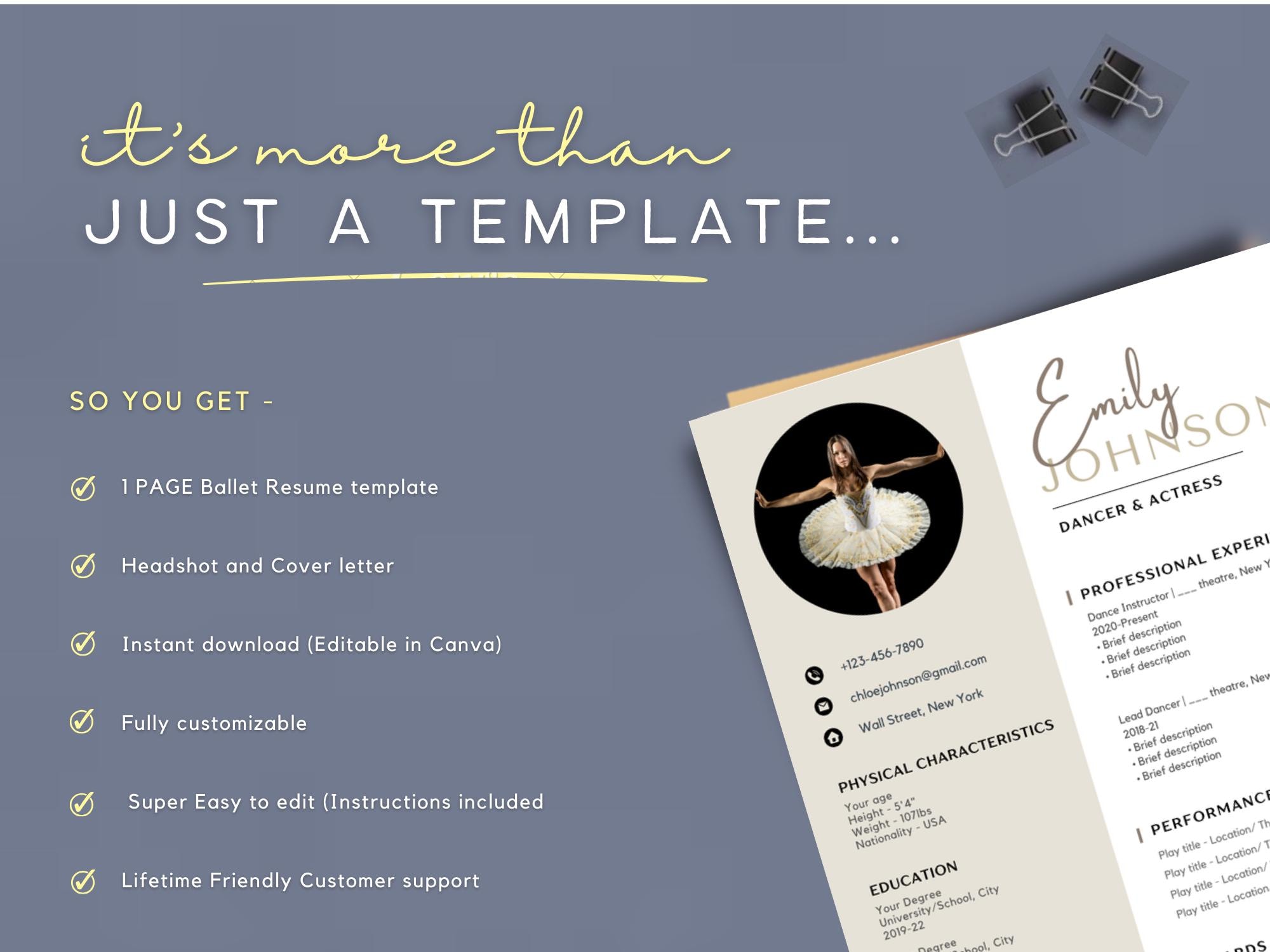 Ballet Resume Template Canva Ballerina Audition Theatre Resume Template ...