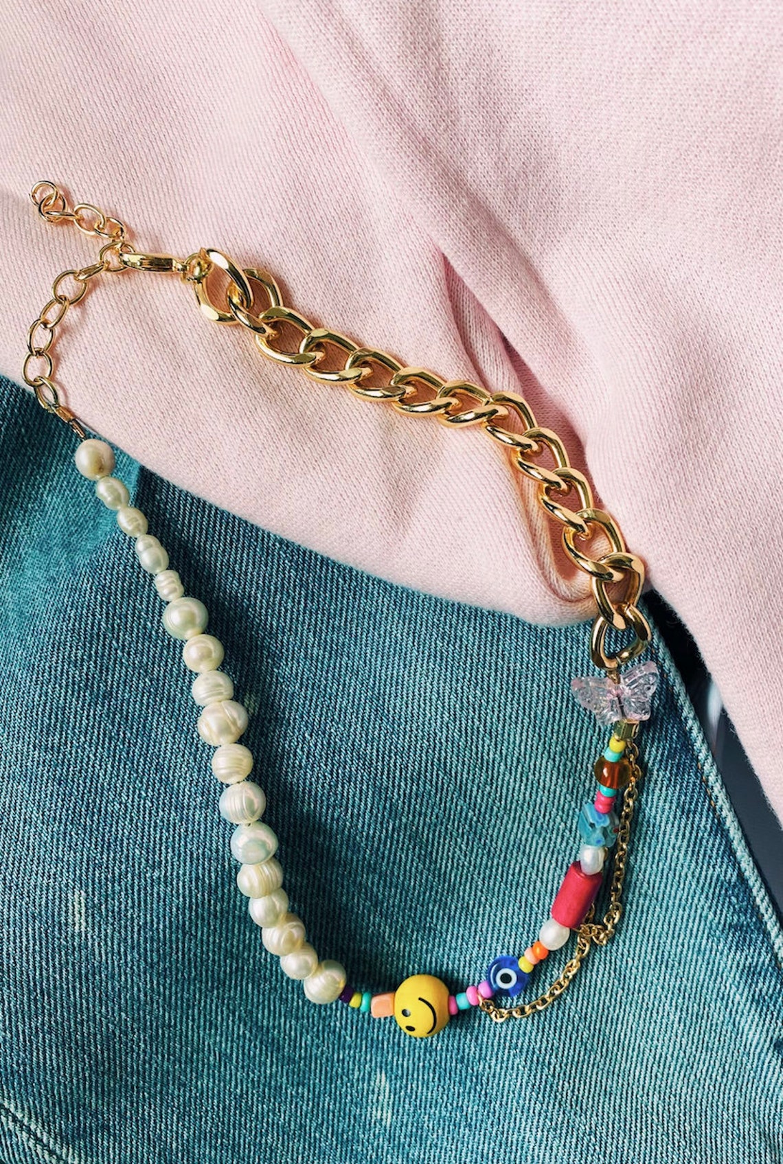 Pearl and Bead Gold Chain Necklace Martha Calvo Inspired Dupe | Etsy