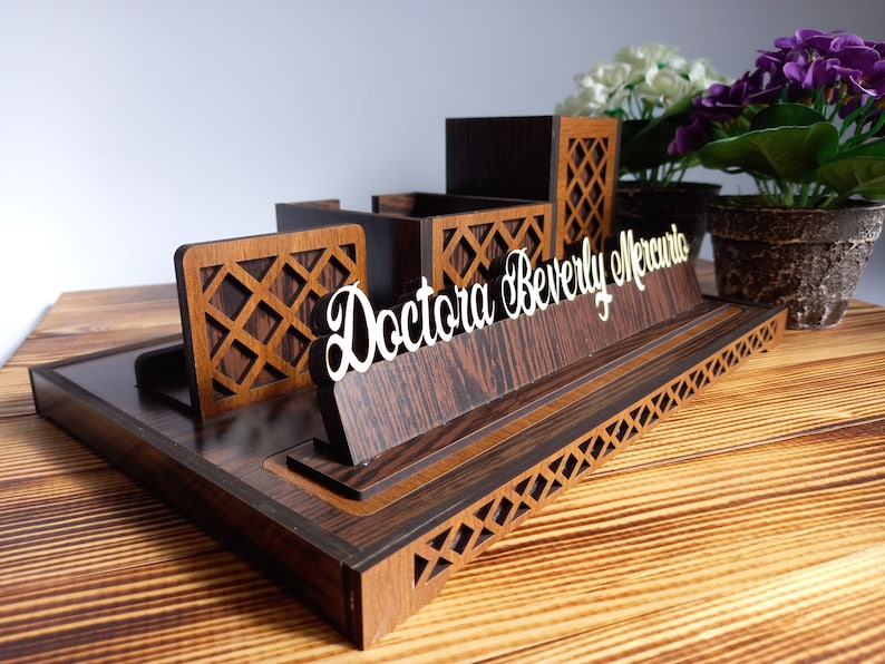 Desk Name Plate With Card and Pen Holder, Functional Office Desk Sign ...