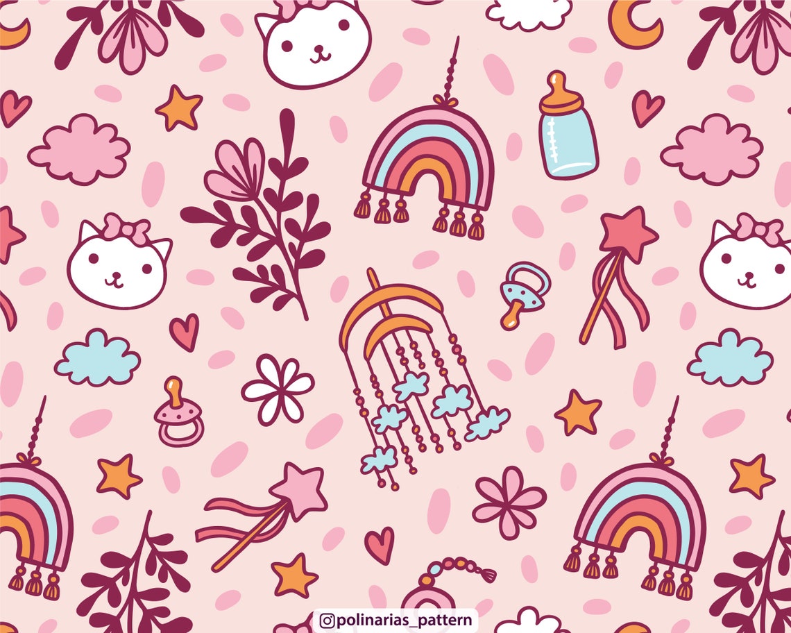 Cute Baby Cat Boho Girly Seamless Pattern Design for Kids - Etsy