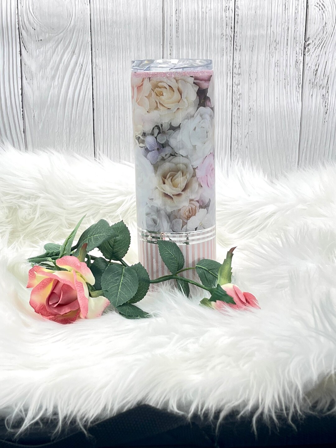 Floral and Striped 30oz Pink Roses Epoxy Glitter Spring Summer Gift for ...