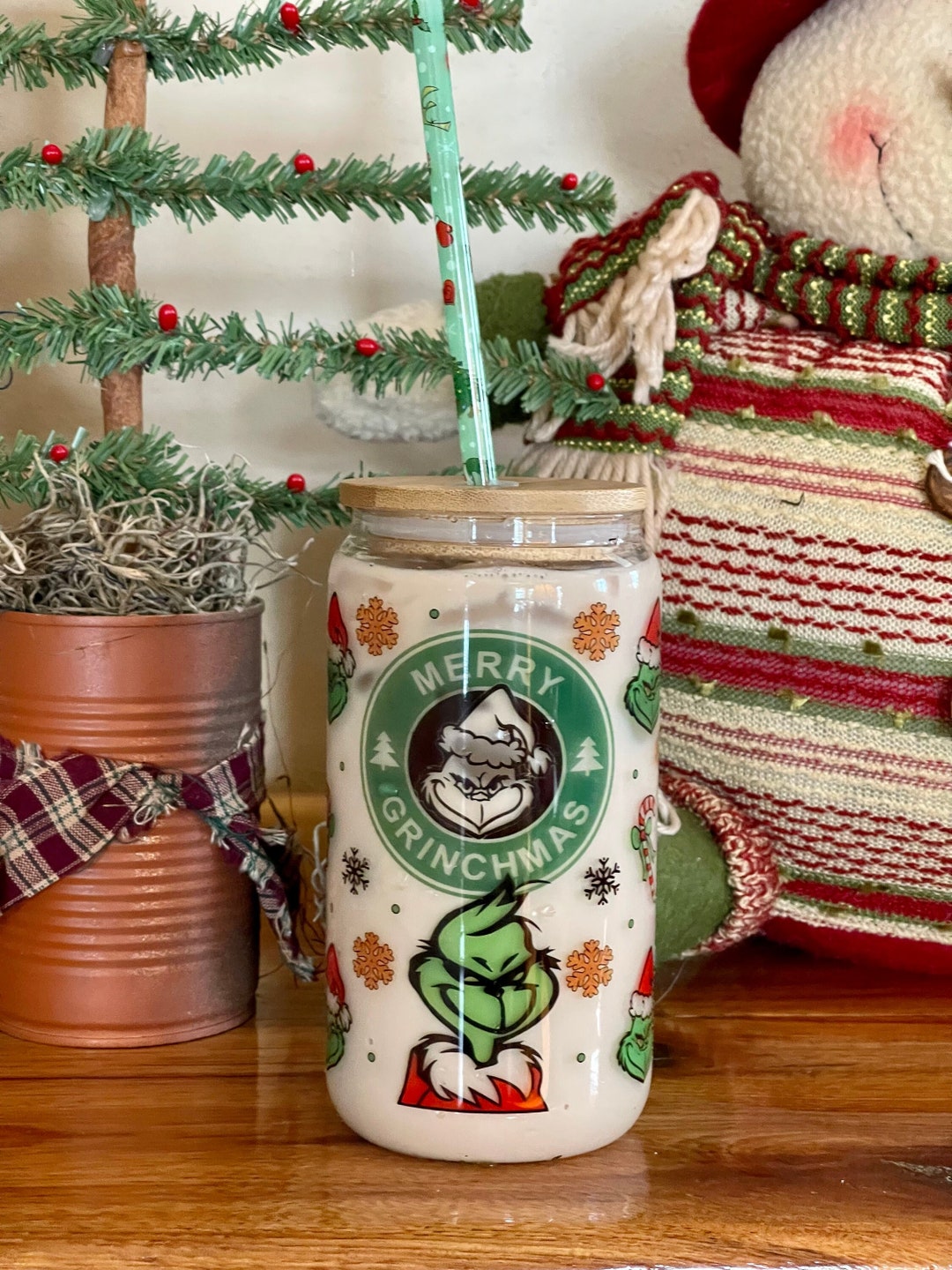 Grinch Starbucks Glass Cup Tumbler Beer Can Grinchmas Tumbler Décor ...