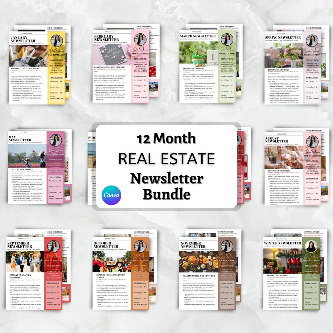 12 Month Newsletter Bundle TEMPLATES, Realtor, Modern Real Estate ...