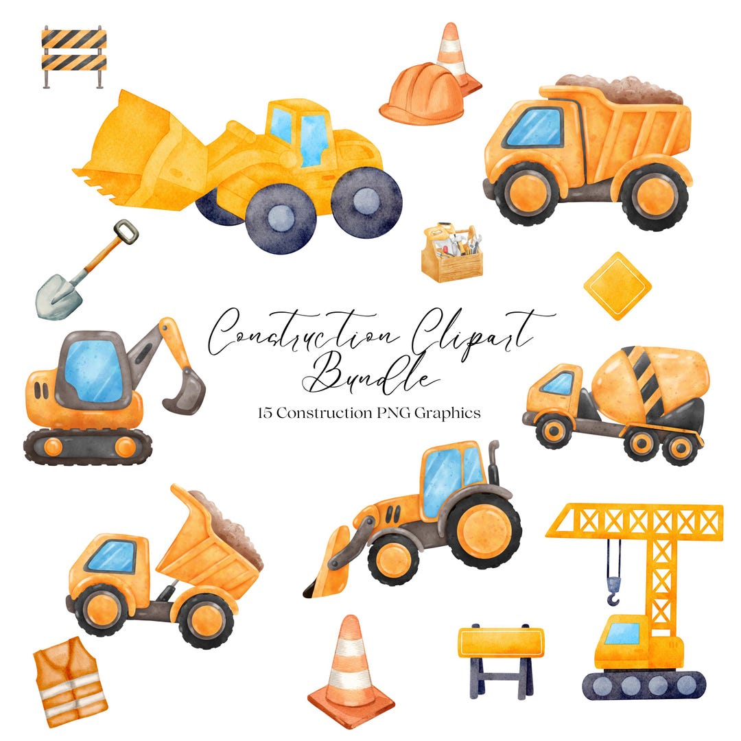 Construction Clipart Bundle Vehicles Watercolor Digger Excavator Dump ...