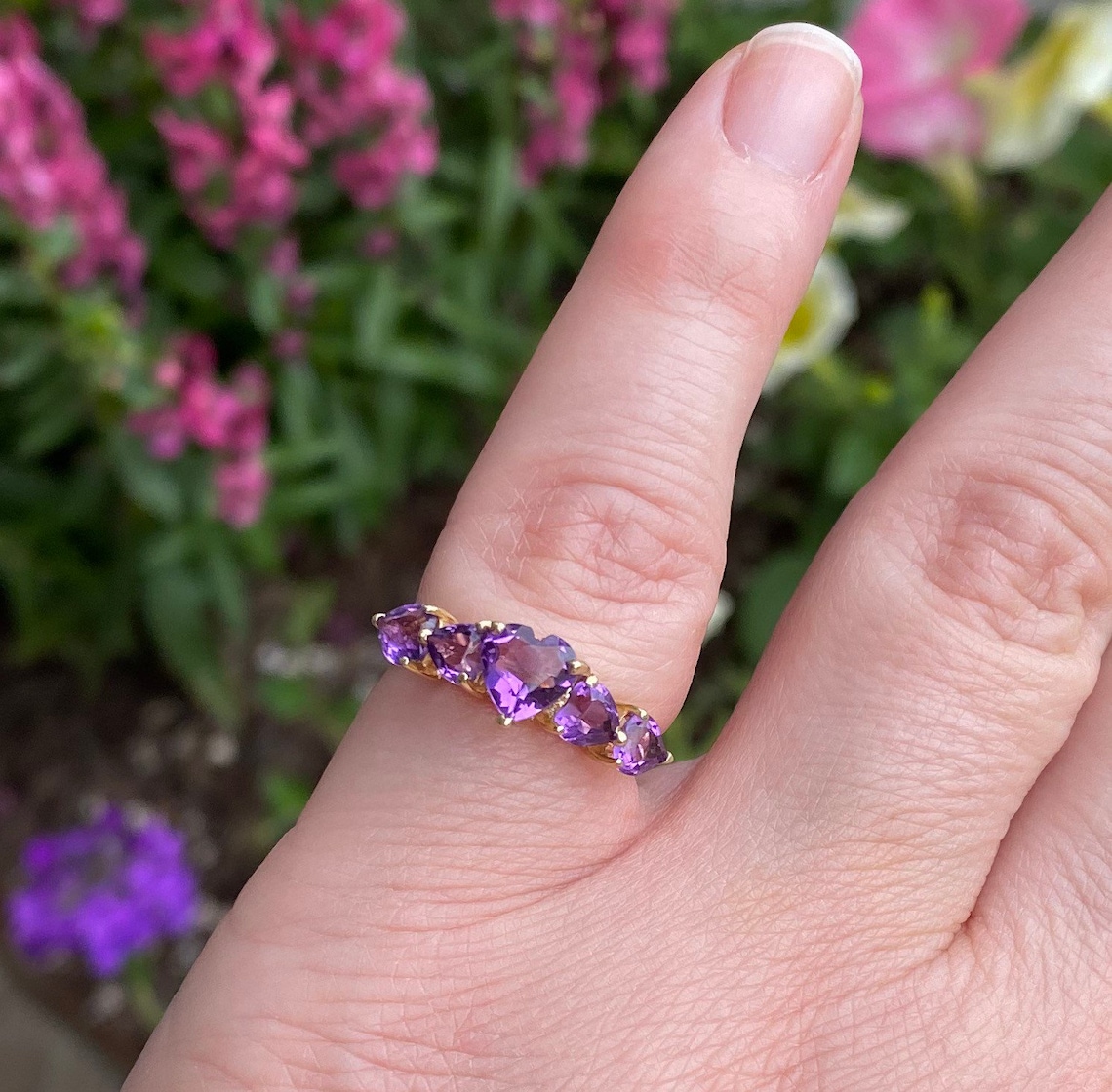 10k Gold 5 Stone Amethyst Heart Ring | Etsy