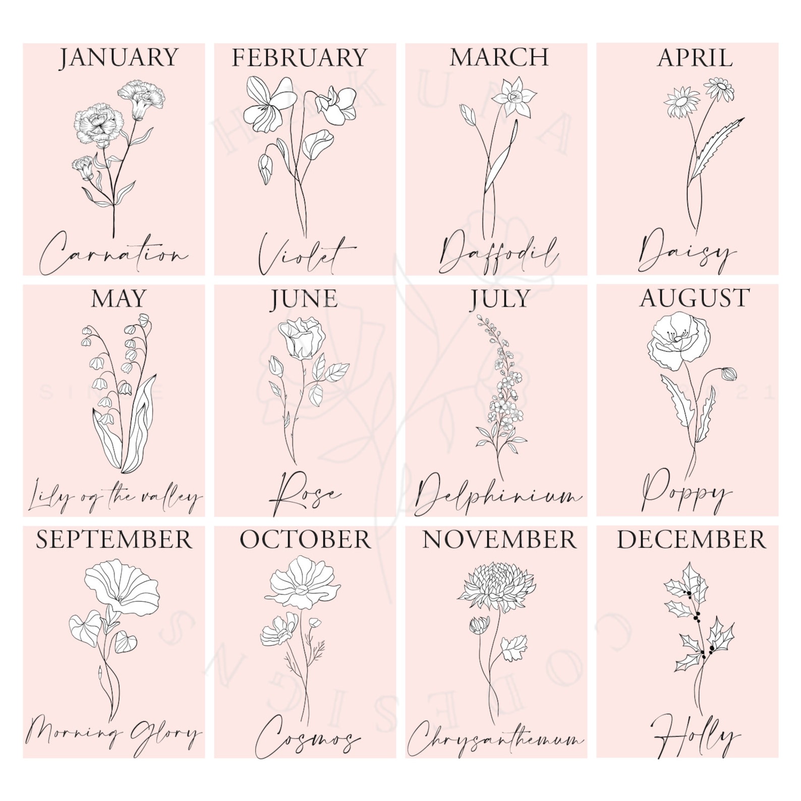 DIGITAL Custom Birth Flower Art, Personalized Family Birth Month ...