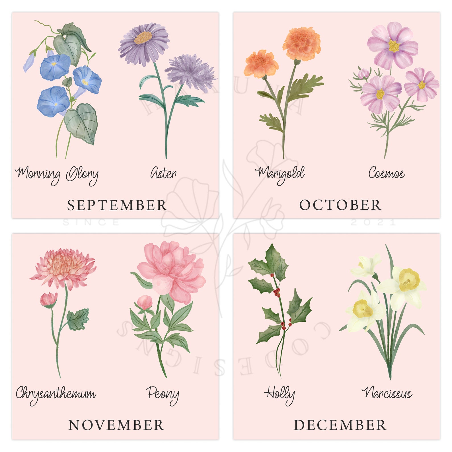 Customizable Watercolor Birth Flower Bunch Print Family Birth - Etsy