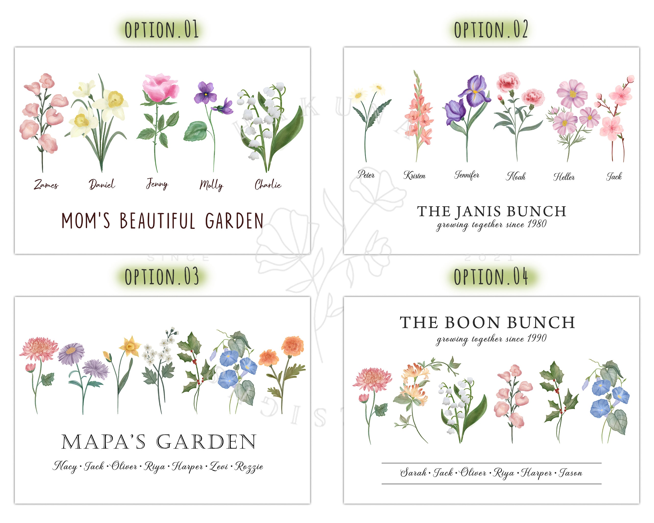 Customizable Watercolor Birth Flower Bunch Print, Family Birth Flowers ...