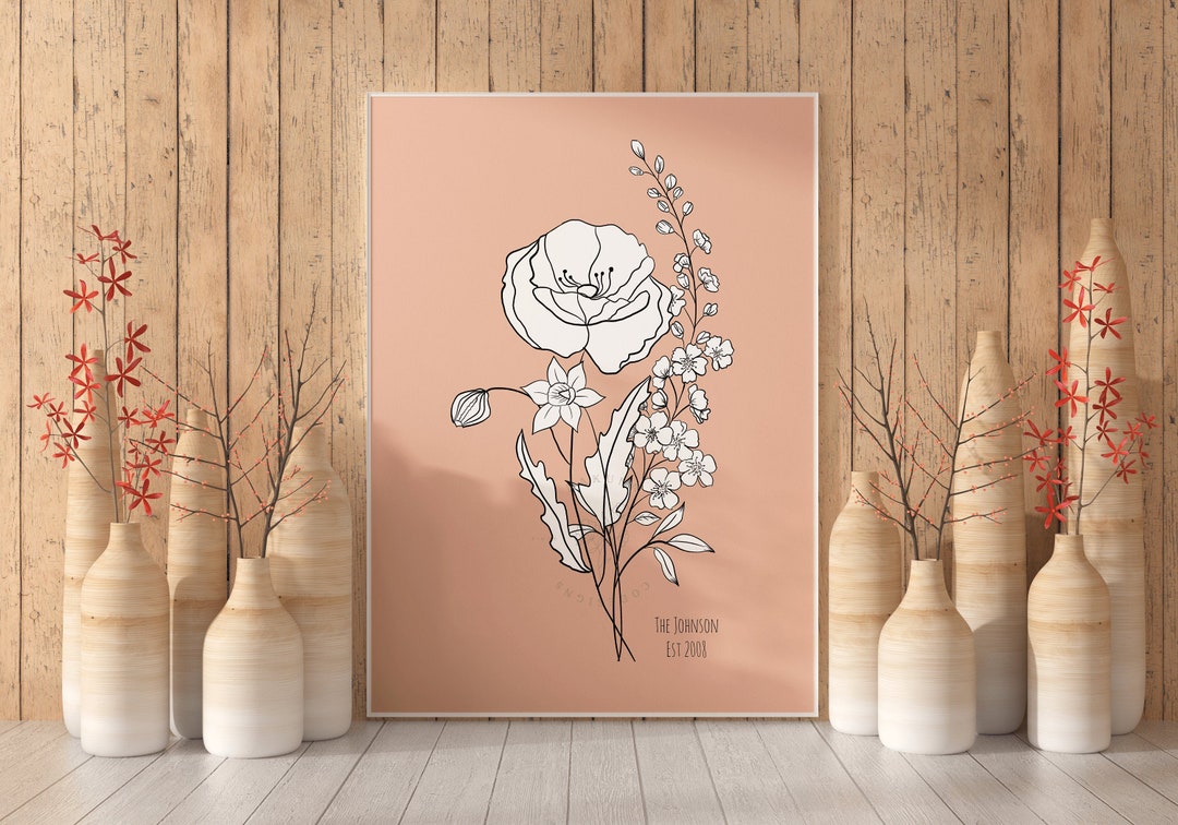 Customizable Birth Month Flowers Wall Art, Family Wildflower Bouquet ...