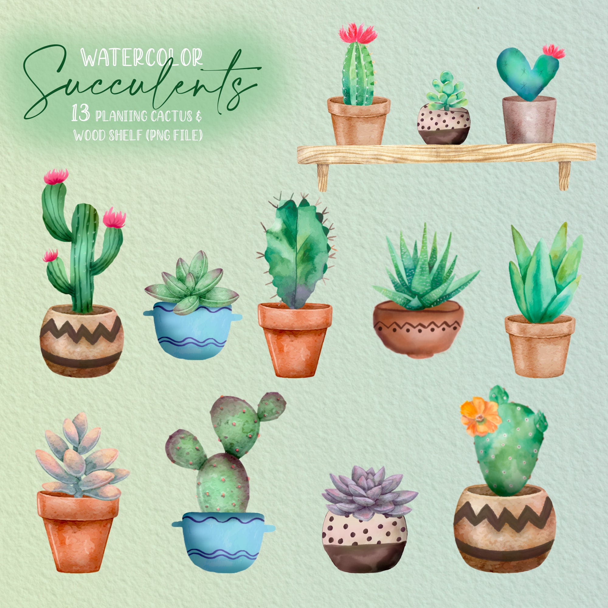 Watercolor Succulents Clipart, Cactus Plant Pot Elements, Tropical ...