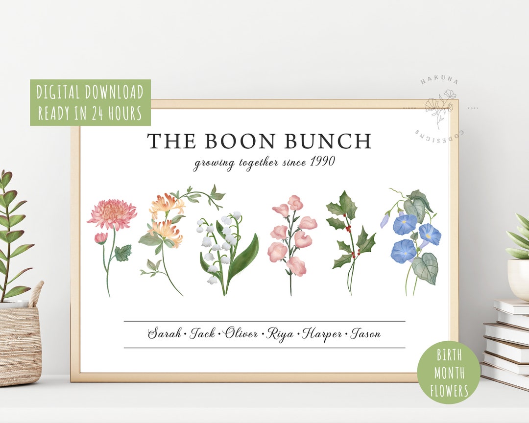 Customizable Watercolor Birth Flower Bunch Print, Family Birth Flowers ...