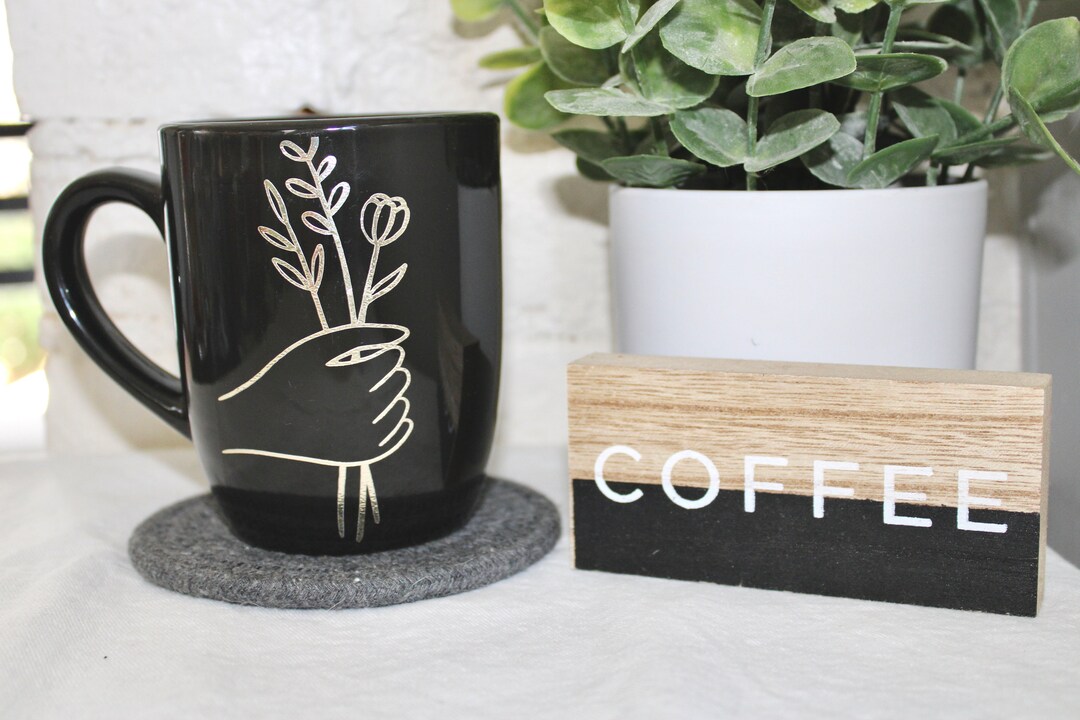 Black 8oz Coffee Mug With Gold Fine Line Hand Held Bouquet Detailing - Etsy