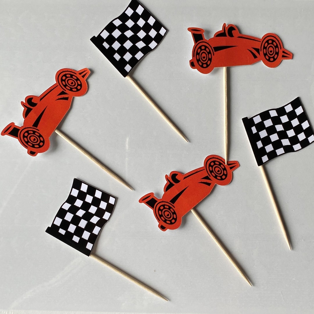 6 X Racing Car Cupcake Toppers, Flag Cupcake Toppers, Racing Theme ...