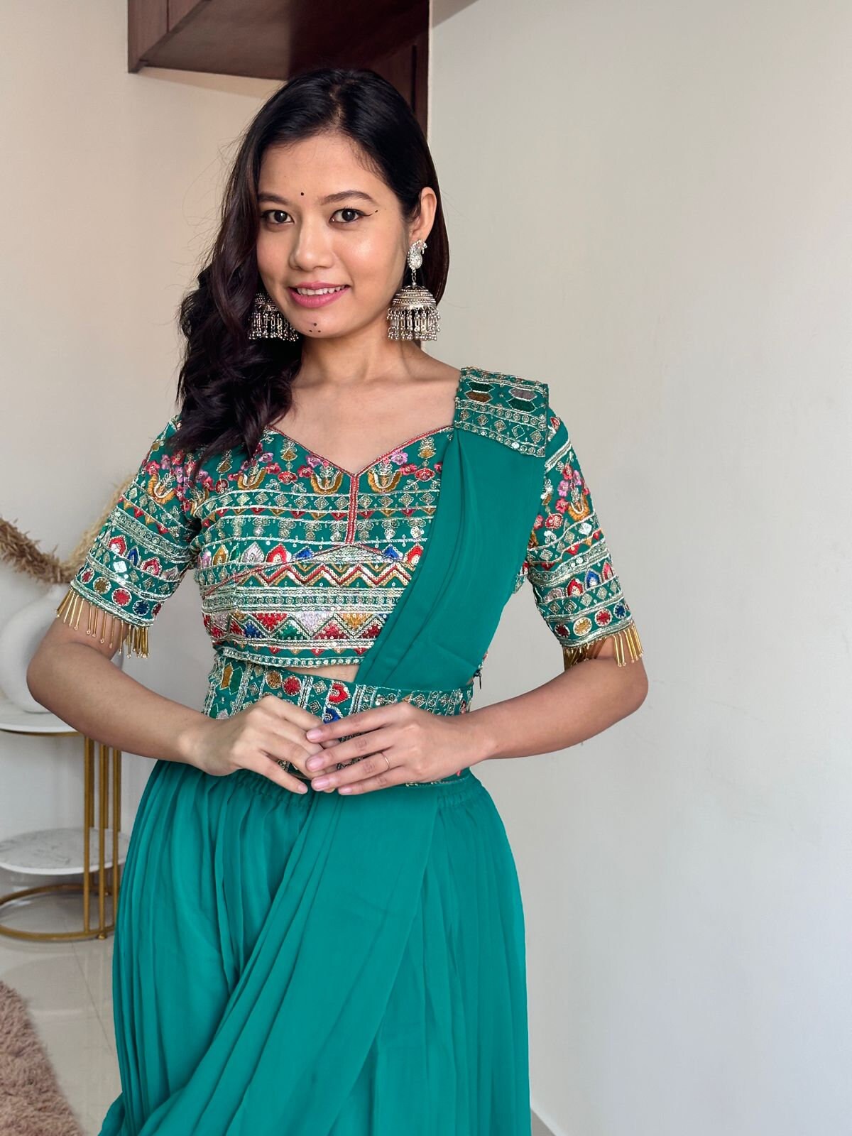 Indian Pre Drape Saree Style Blue Partywear Embroidered Blouse With ...