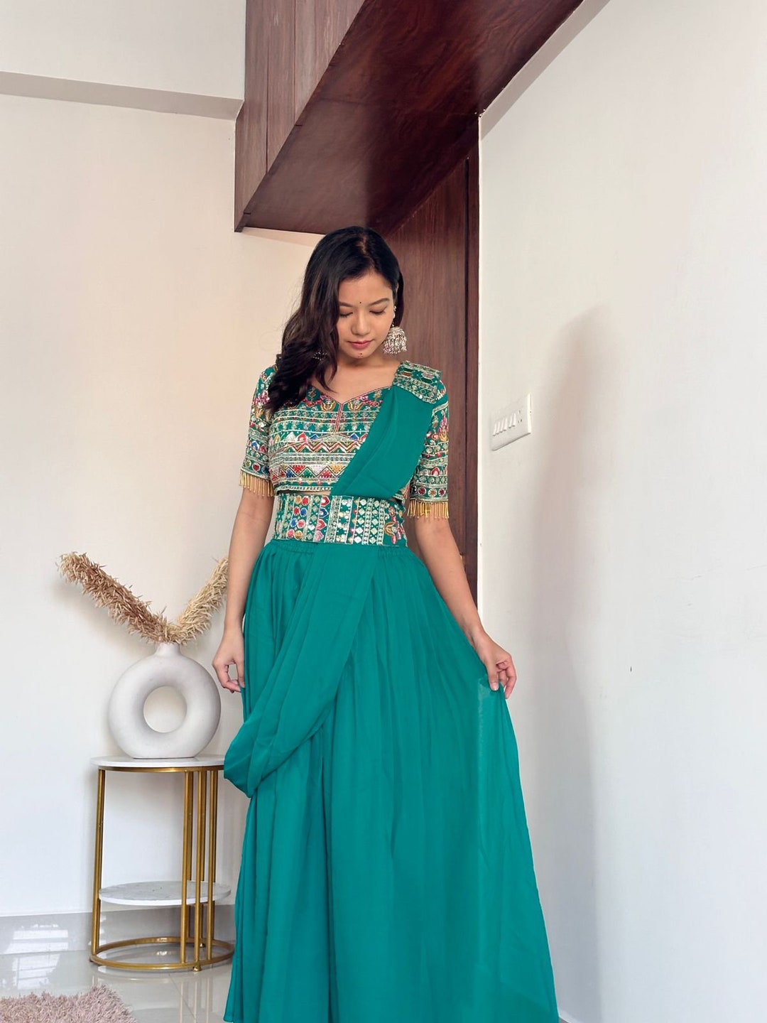 Indian Pre Drape Saree Style Blue Partywear Embroidered Blouse With ...