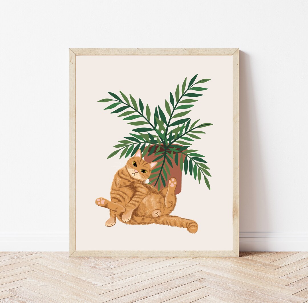Funny Cat Art, Cat Poster, Cat Illustration, Cat and Plant Art, Cat ...