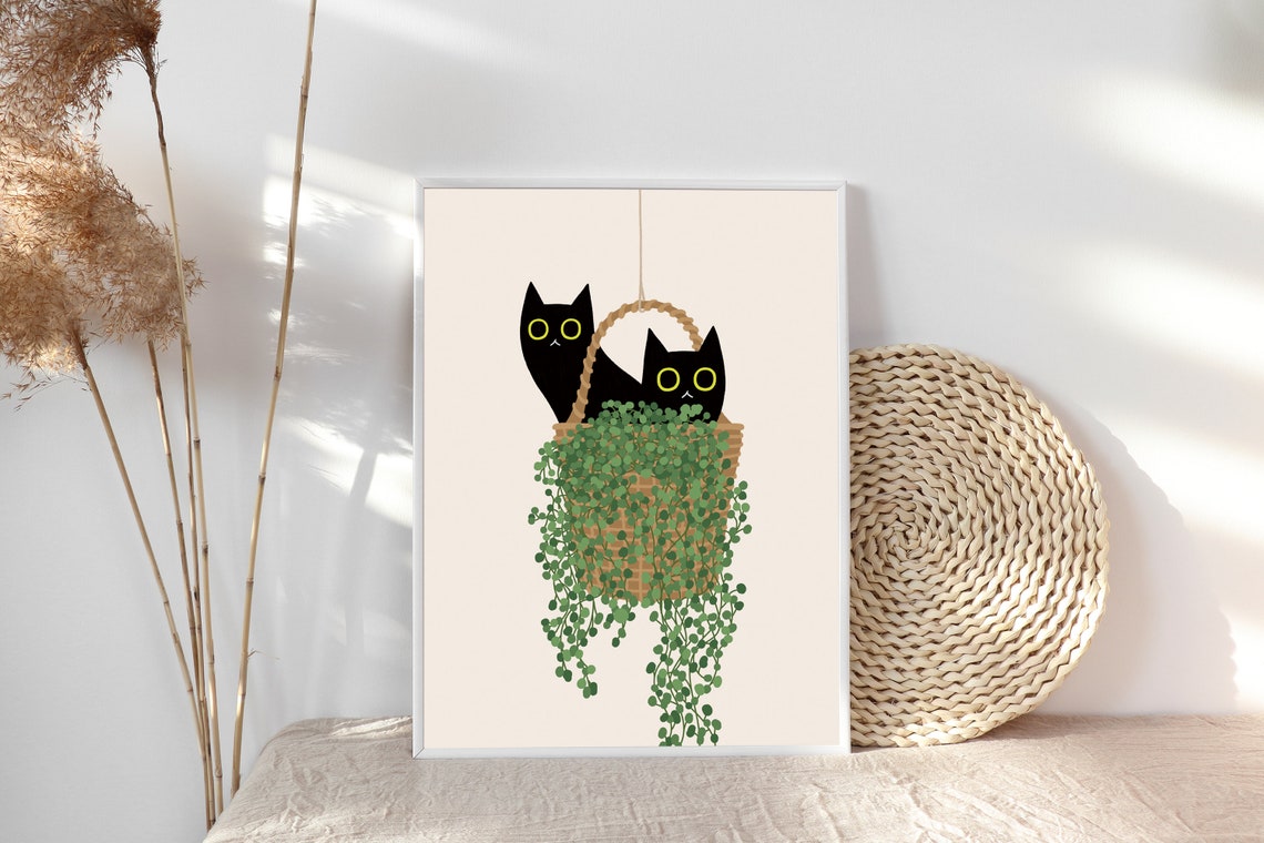 Cat Printable Wall Art Black Cat Illustration House Plant - Etsy