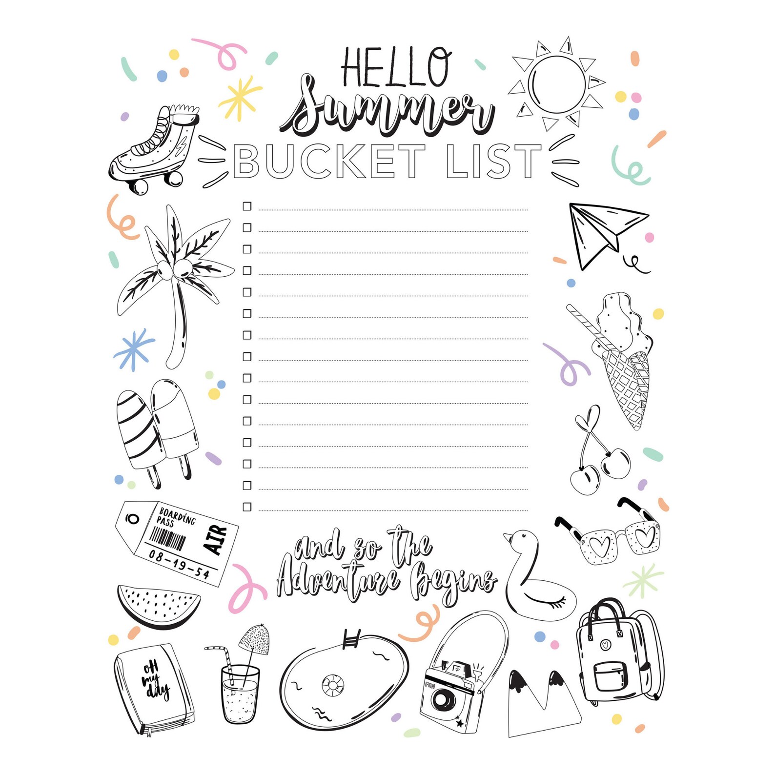 Summer Bucket List Coloring Page Sketch Coloring Page