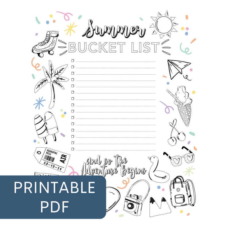 Coloring Summer Bucket List Printable Bucket List for Kids | Etsy