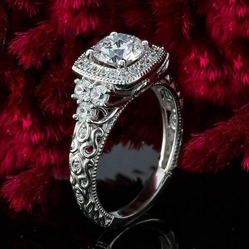 Moissanite Vintage Wedding Ring Sets 14K White Gold Filigree - Etsy