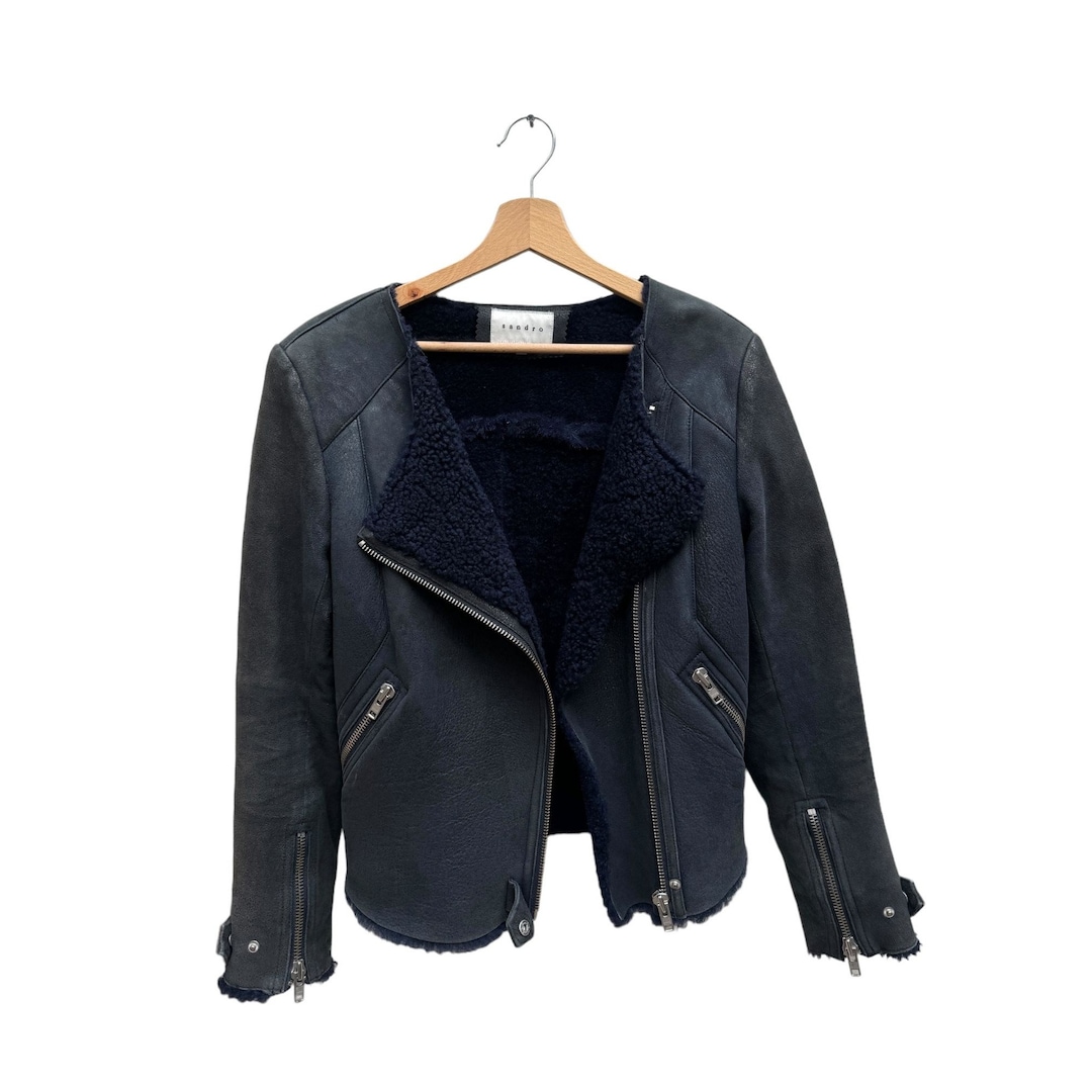 Sandro Paris Navy Shearling Leather Jacket Size 1 / Small - Etsy