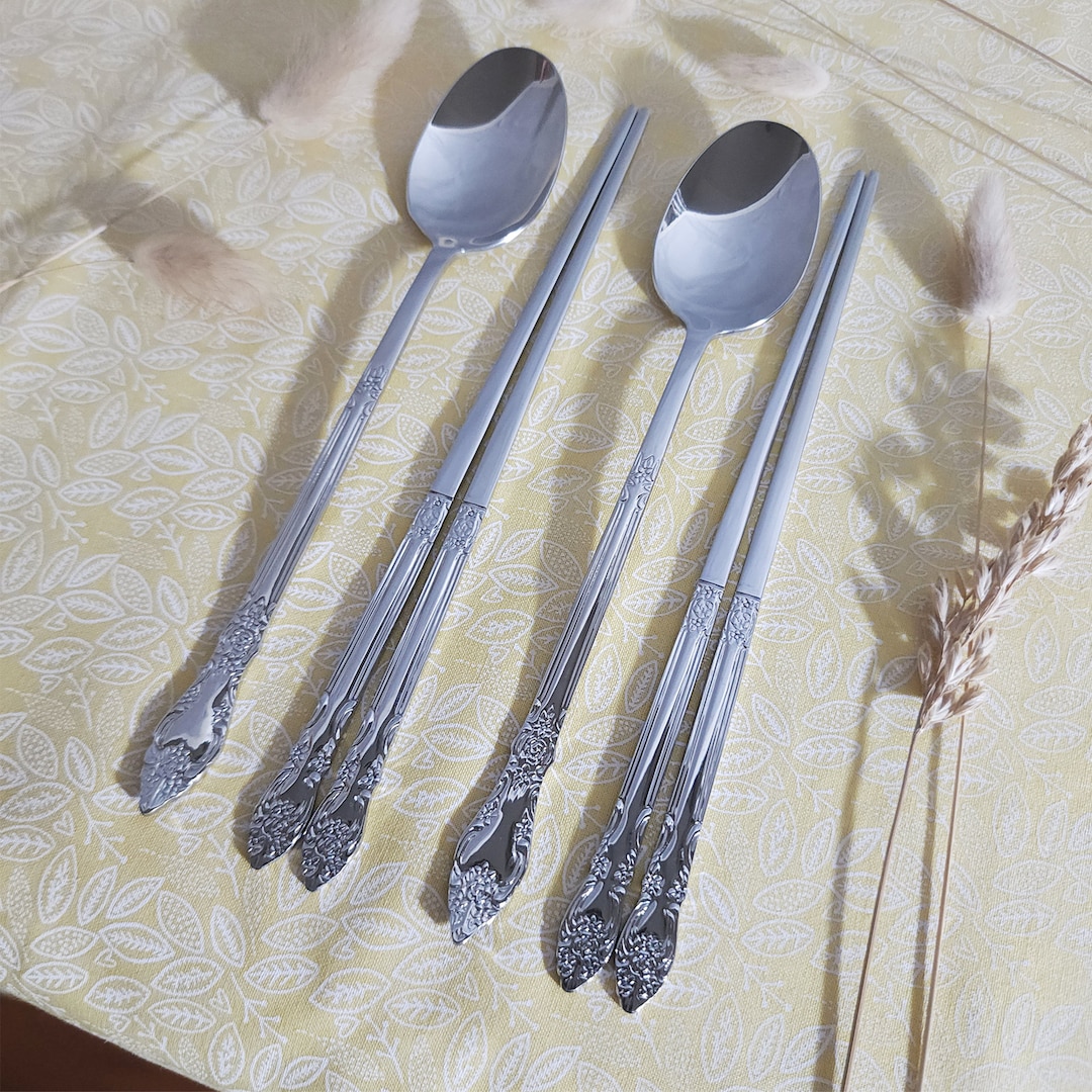 Mytablesecret Korean Spoon & Chopstick 2-person Sets. Premium 18/10 Stainless Steel Utensils ...