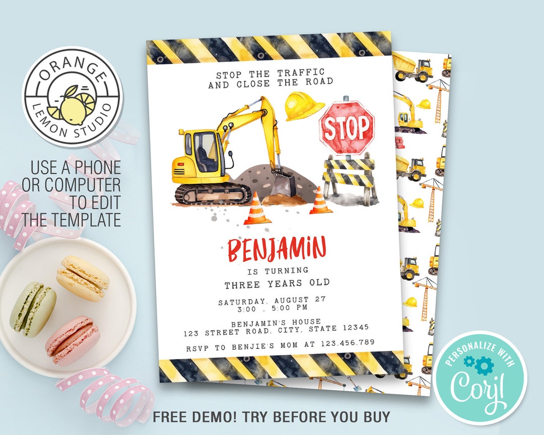 Editable Construction Birthday Party Invitation Template, Construction ...