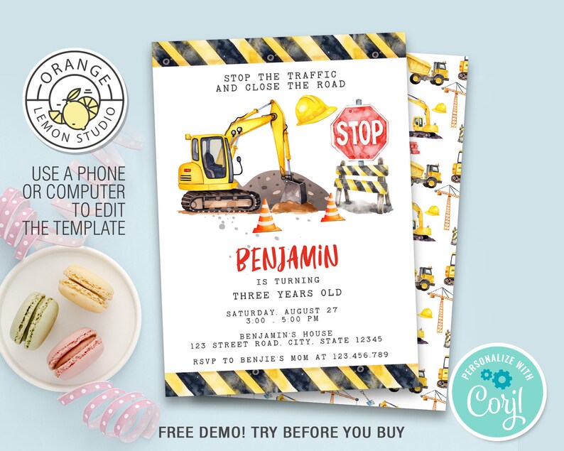 Editable Construction Birthday Party Invitation Template, Construction ...