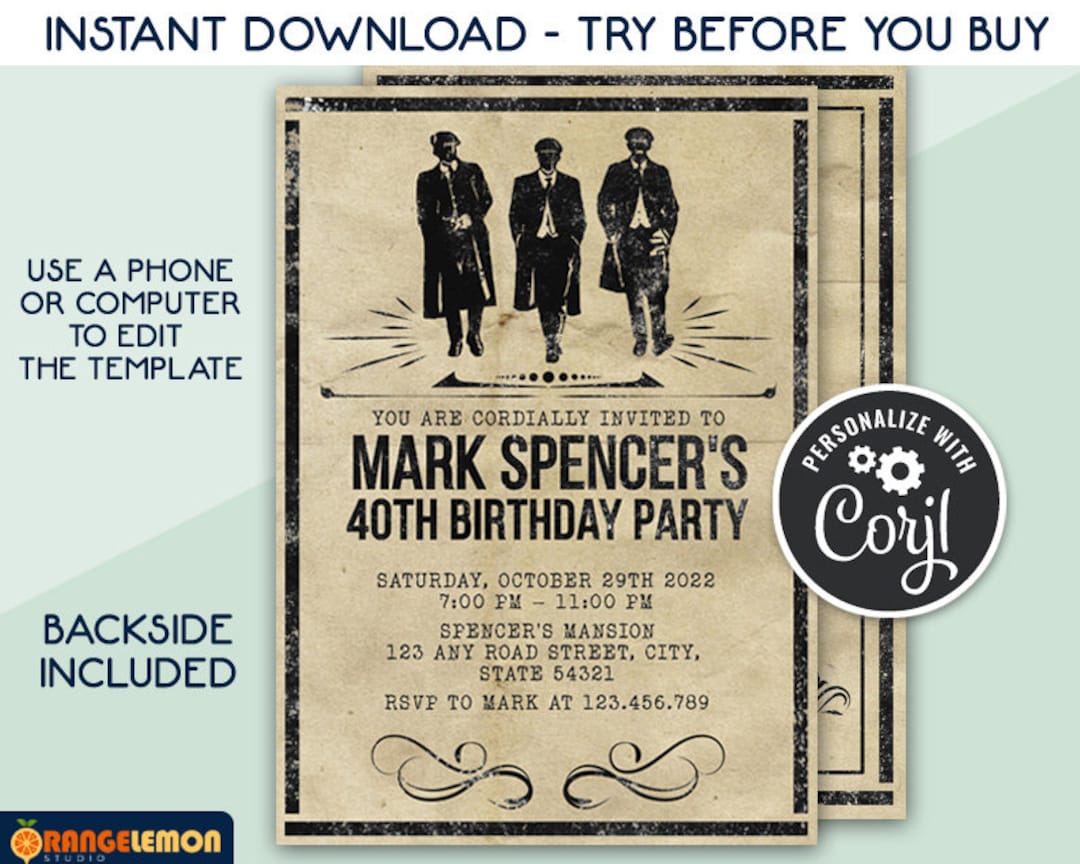 Peaky Blinders Invitation, Printable Invite for Men's Birthday Party ...