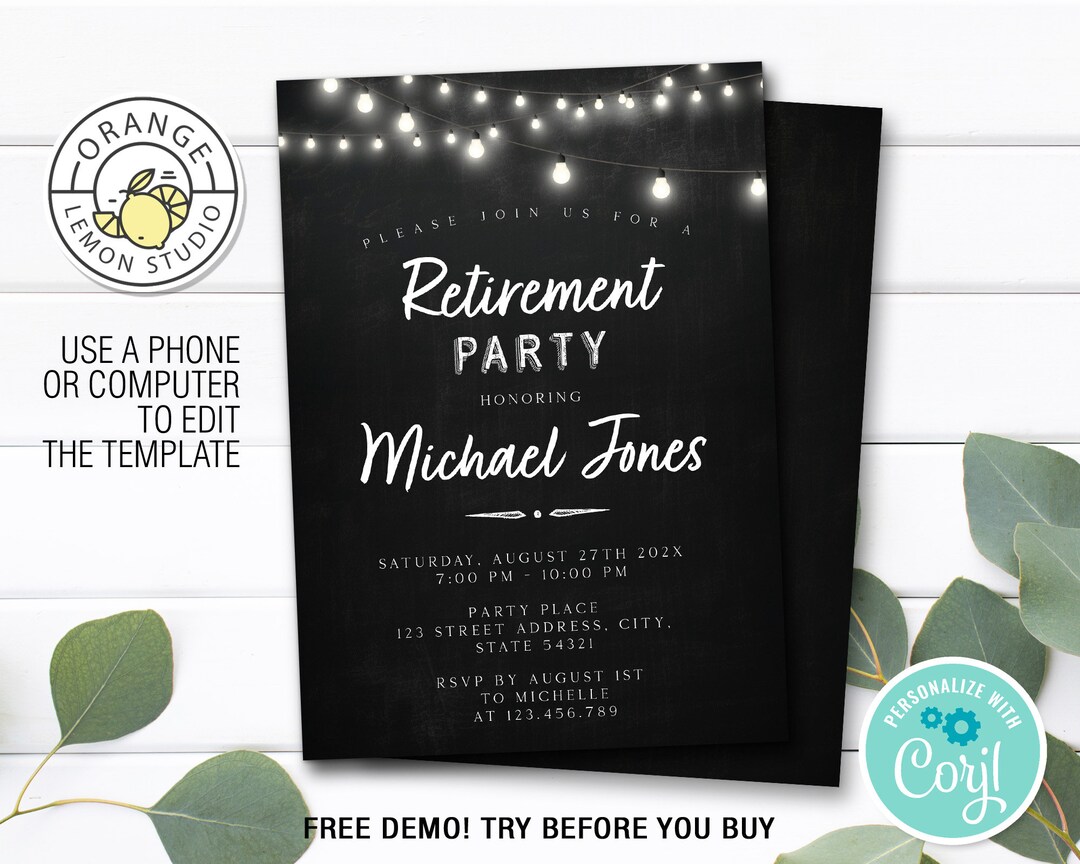 String Lights Retirement Party Invitation, Rustic Blackboard and Chalk ...