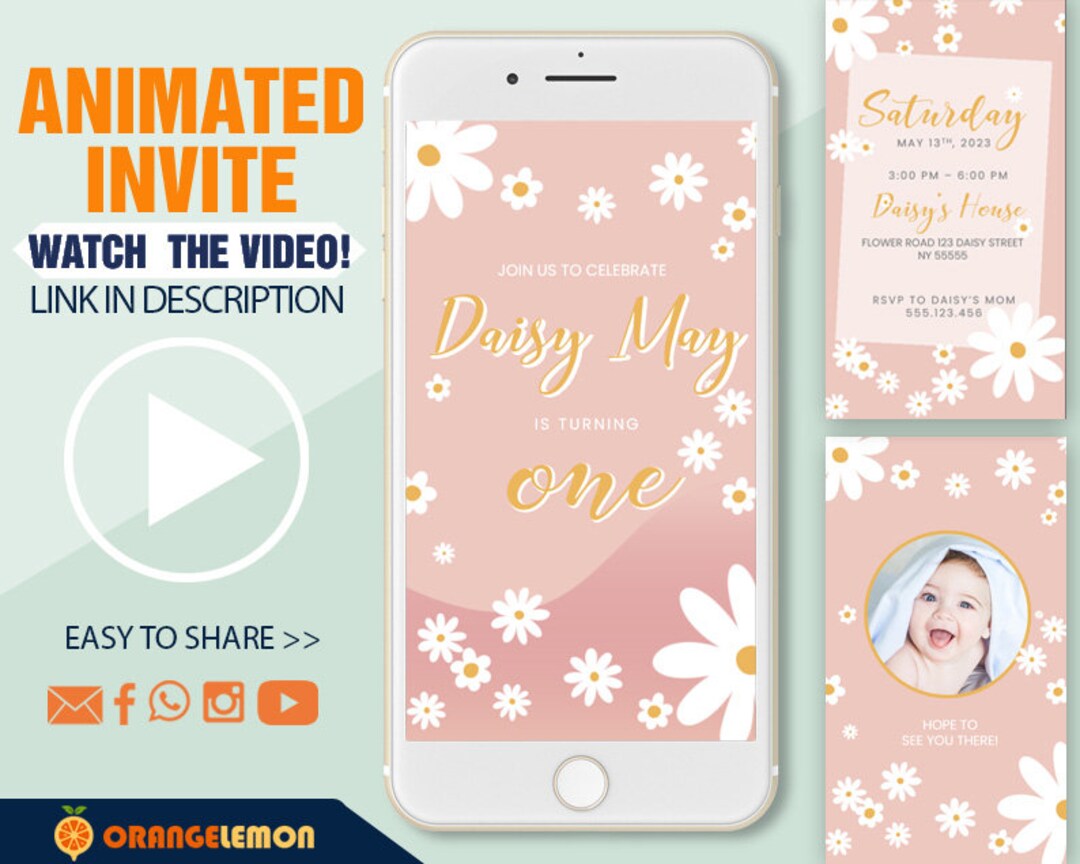 Retro Daisy Birthday Party Invitation for Any Age, Animated Boho Video ...