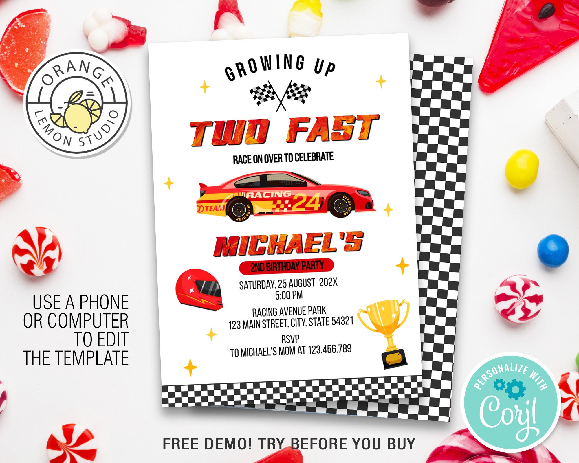 Editable Racing Car Birthday Invitation, Red Race Car Birthday Party ...