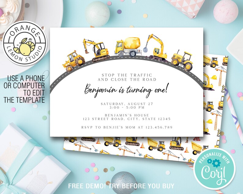 Editable Construction Birthday Party Invitation 7x5 Template ...