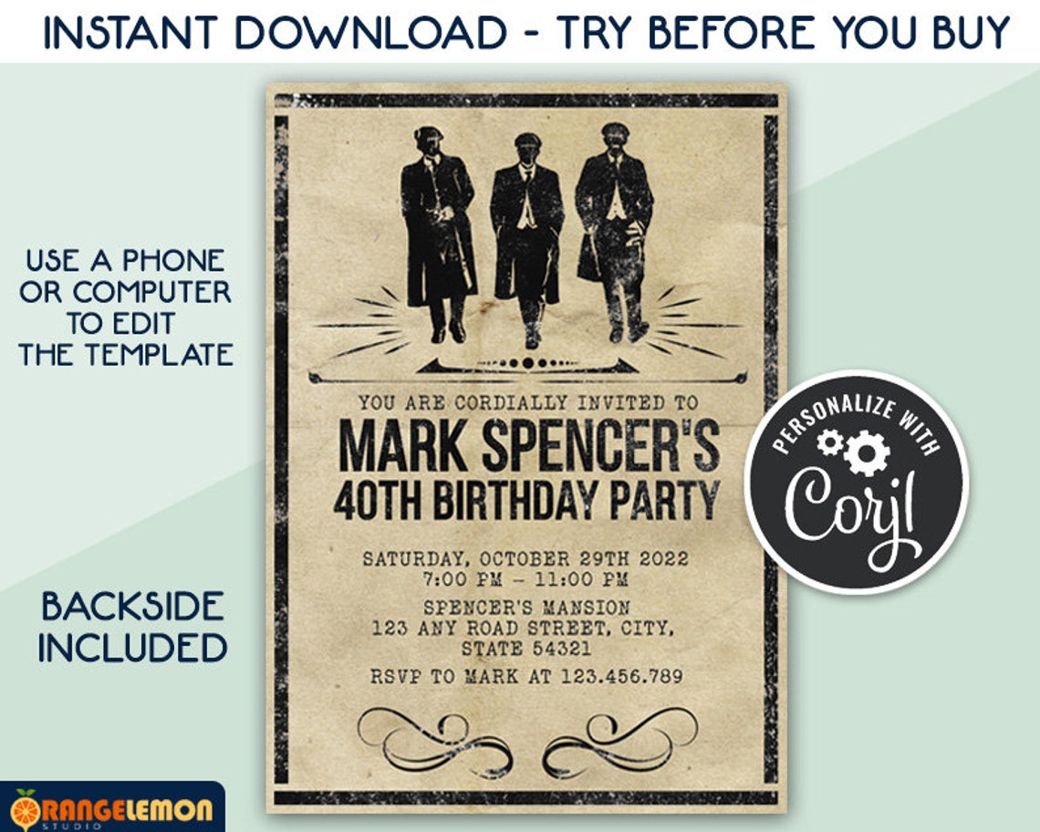 Peaky Blinders Invitation Printable Invite for Men's - Etsy France