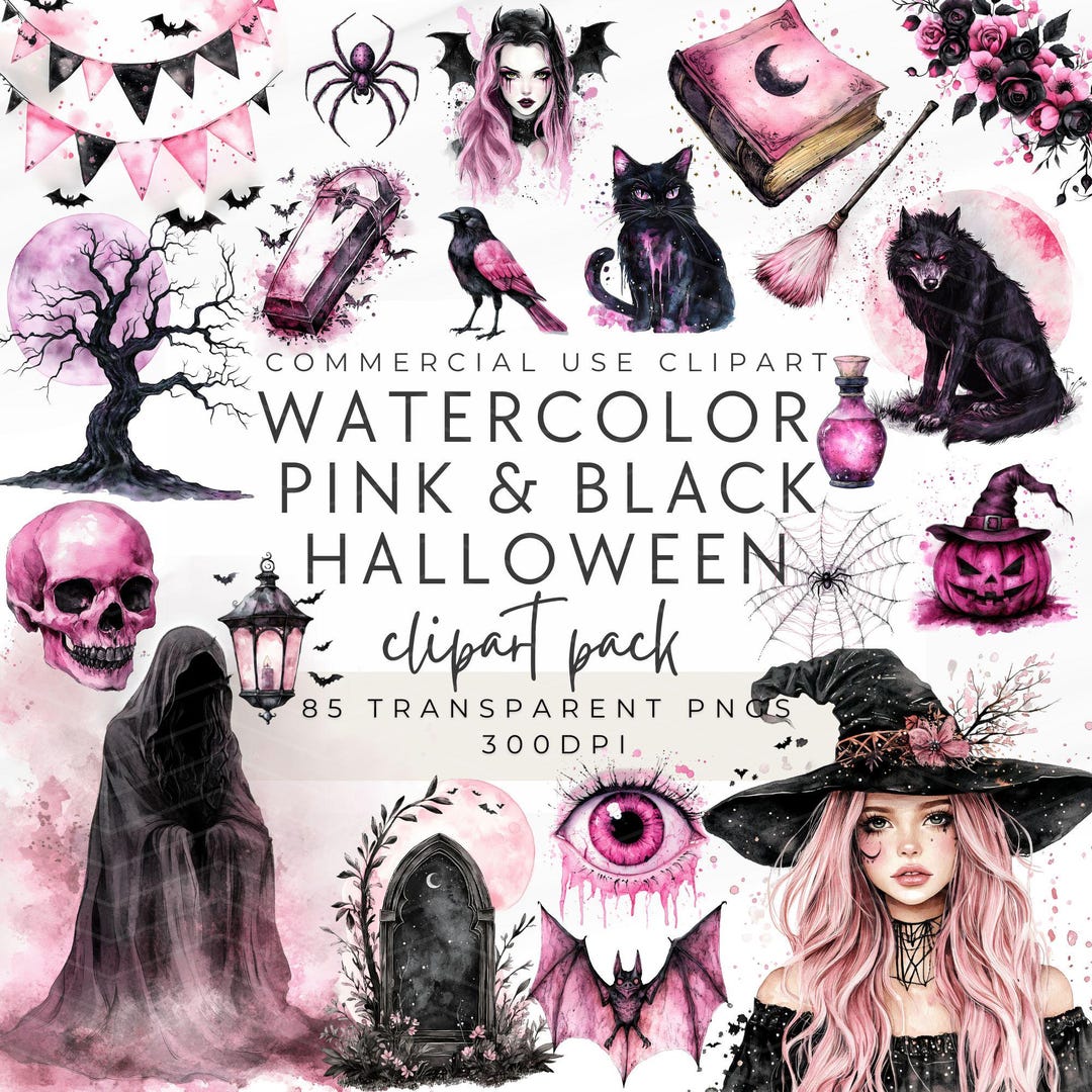 Pink Halloween Clipart, Watercolor Clipart, Witch Clip Art, Spooky ...