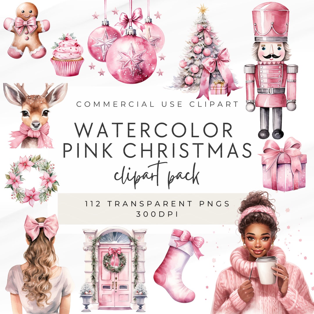 Pink Christmas Watercolor Clipart Bundle, Holiday Season Clip Art ...