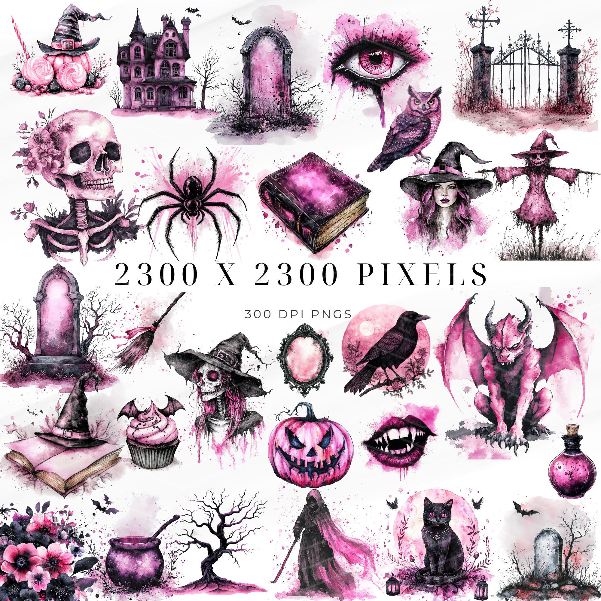 Pink Halloween Clipart, Watercolor Clipart, Witch Clip Art, Spooky ...