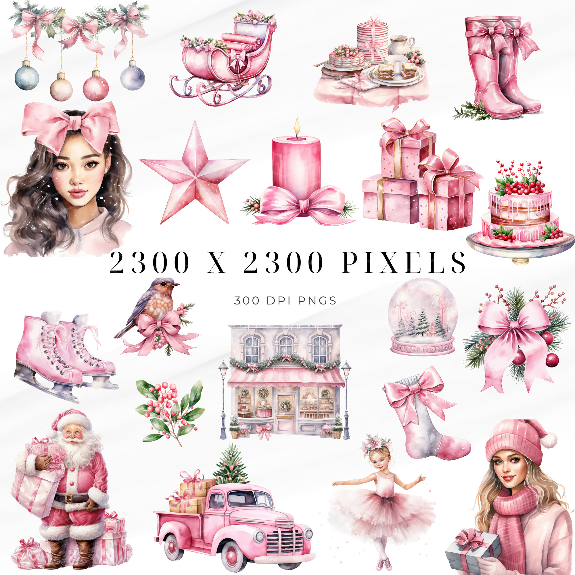 Pink Christmas Watercolor Clipart Bundle, Holiday Season Clip Art ...