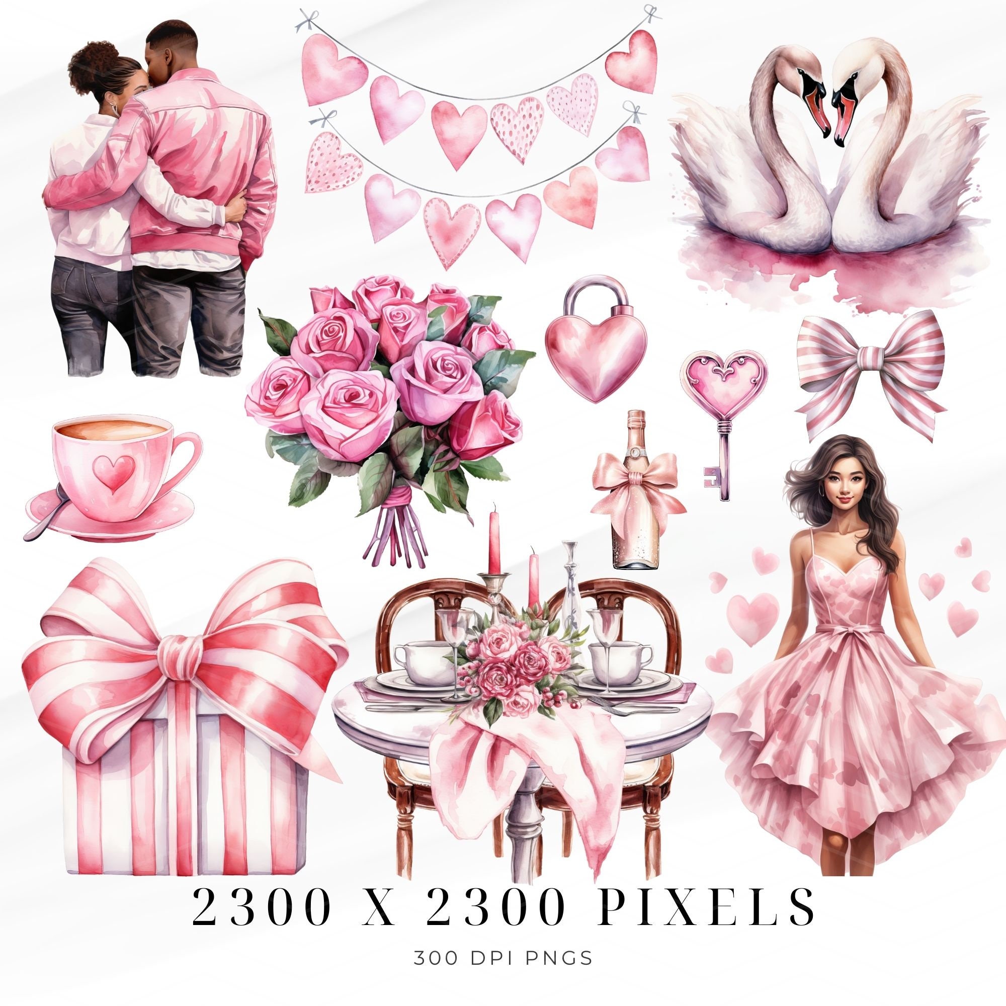 Pink Valentine Watercolor Clipart Bundle, Valentines Day Clip Art ...