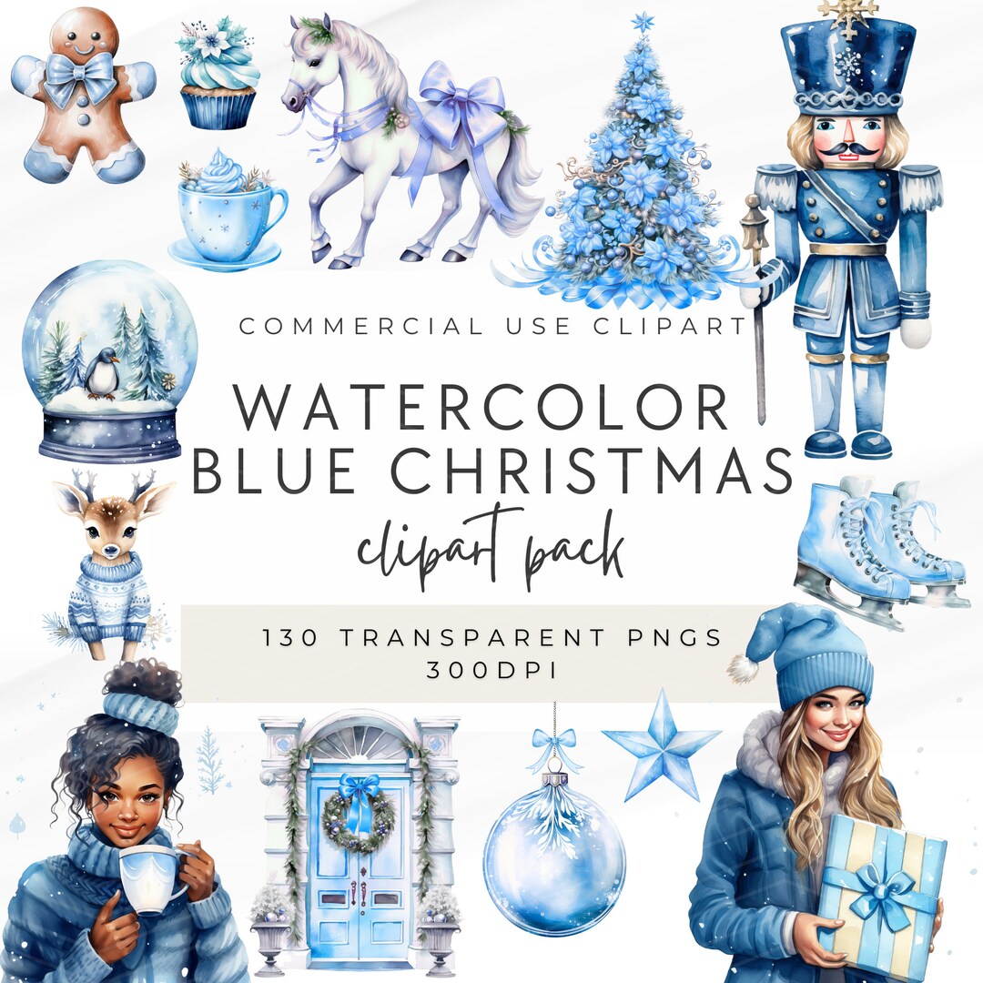 Blue Christmas Watercolor Clipart Bundle, Holiday Season Clip Art ...