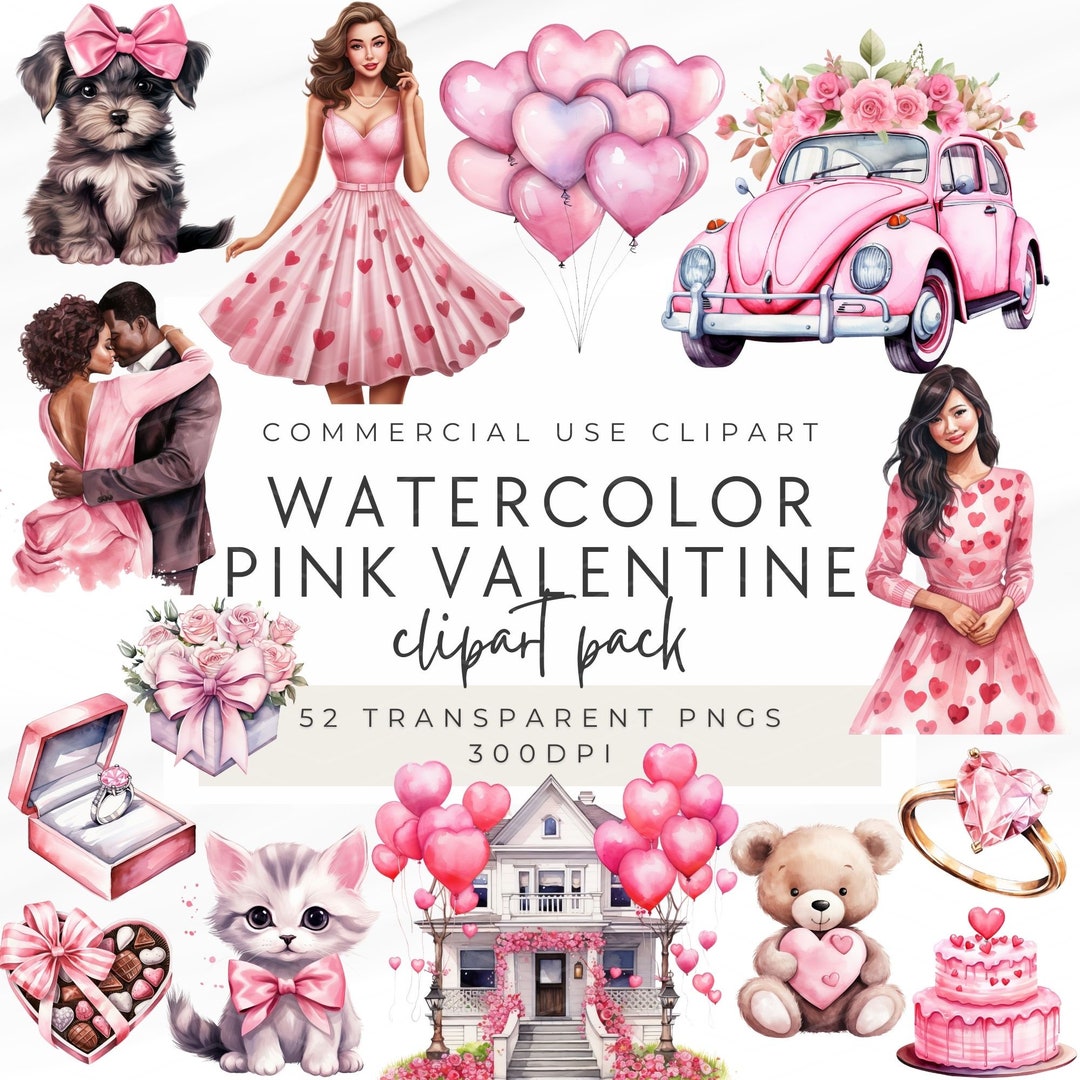Pink Valentine Watercolor Clipart Bundle, Valentines Day Clip Art ...