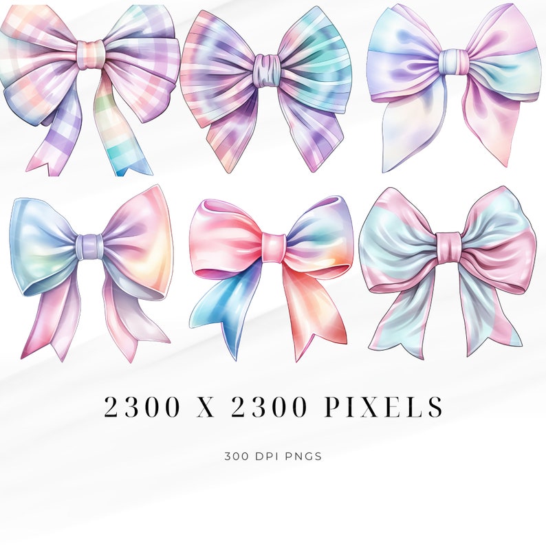 Pastel Bow Watercolor Clipart, Hair Bows Clip Art, Commercial Use ...