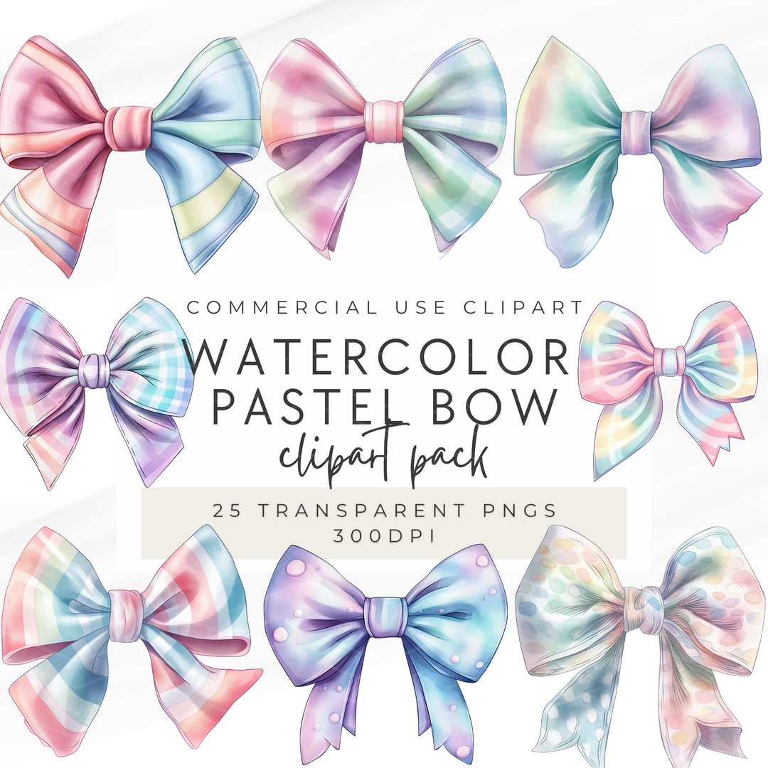Pastel Bow Watercolor Clipart, Hair Bows Clip Art, Commercial Use ...