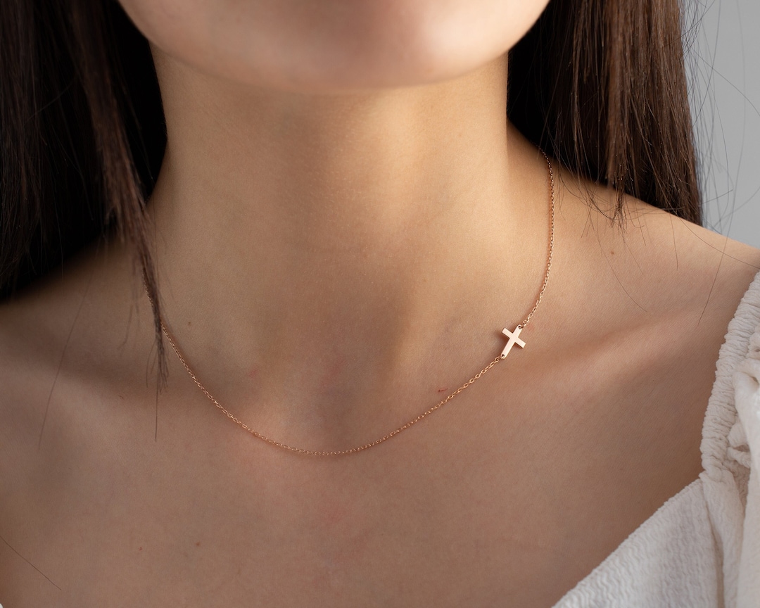 Sideways Cross Necklace, Cross Necklace, Horizontal Small Cross Pendant ...