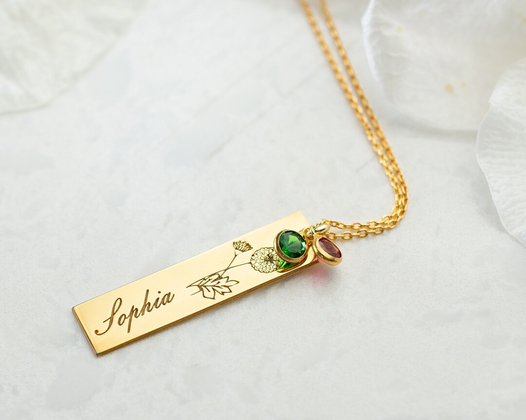 Dainty Birthflower Name Necklace With Birthstone Silver Personalized ...