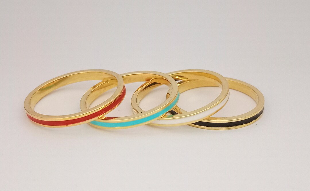 Set of 4 Multiple Color Enamel Bands Silver Enamel Band Ring Simple ...