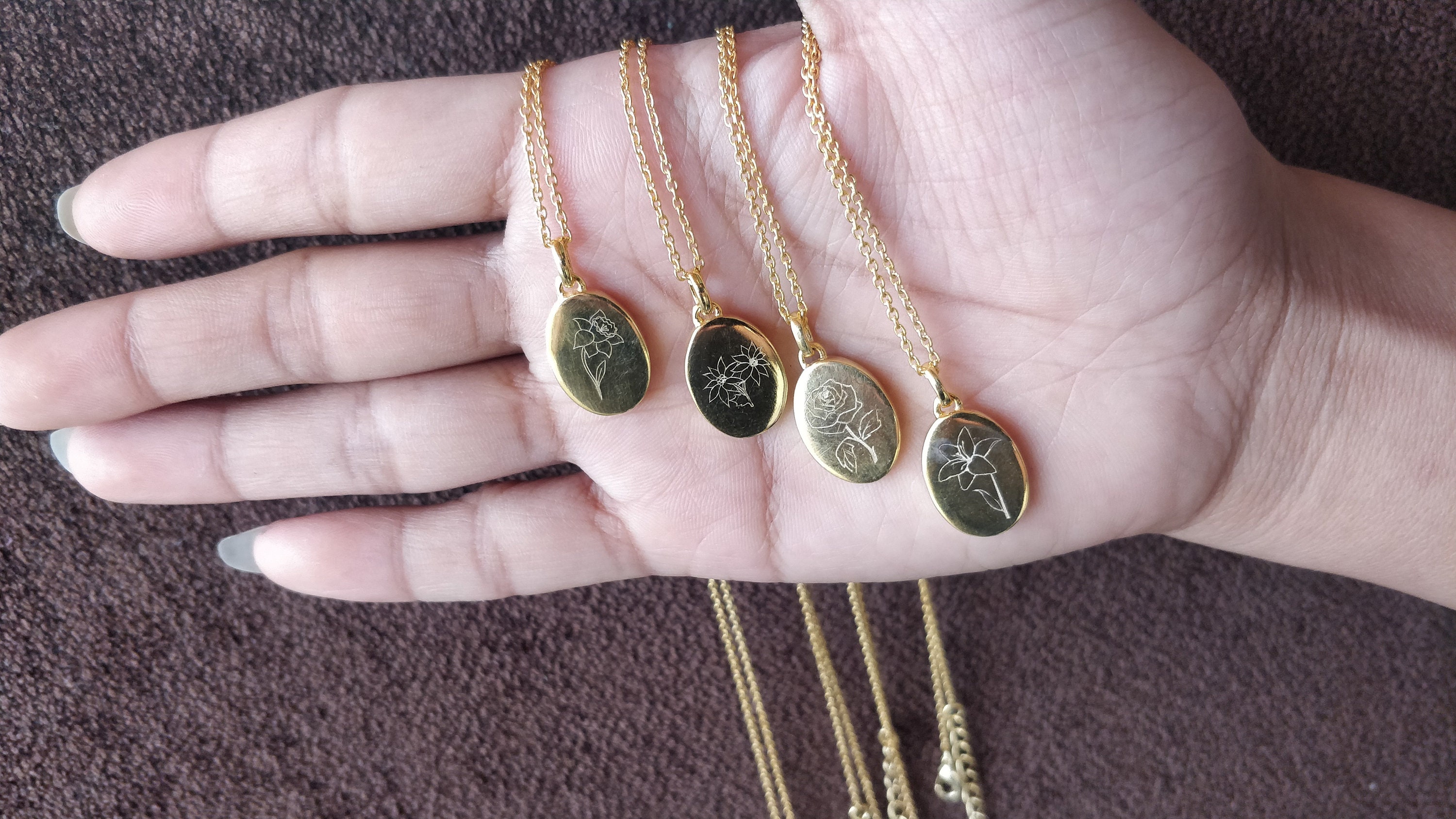 925 Birth Flower Necklace Oval Signet Pendant Floral | Etsy